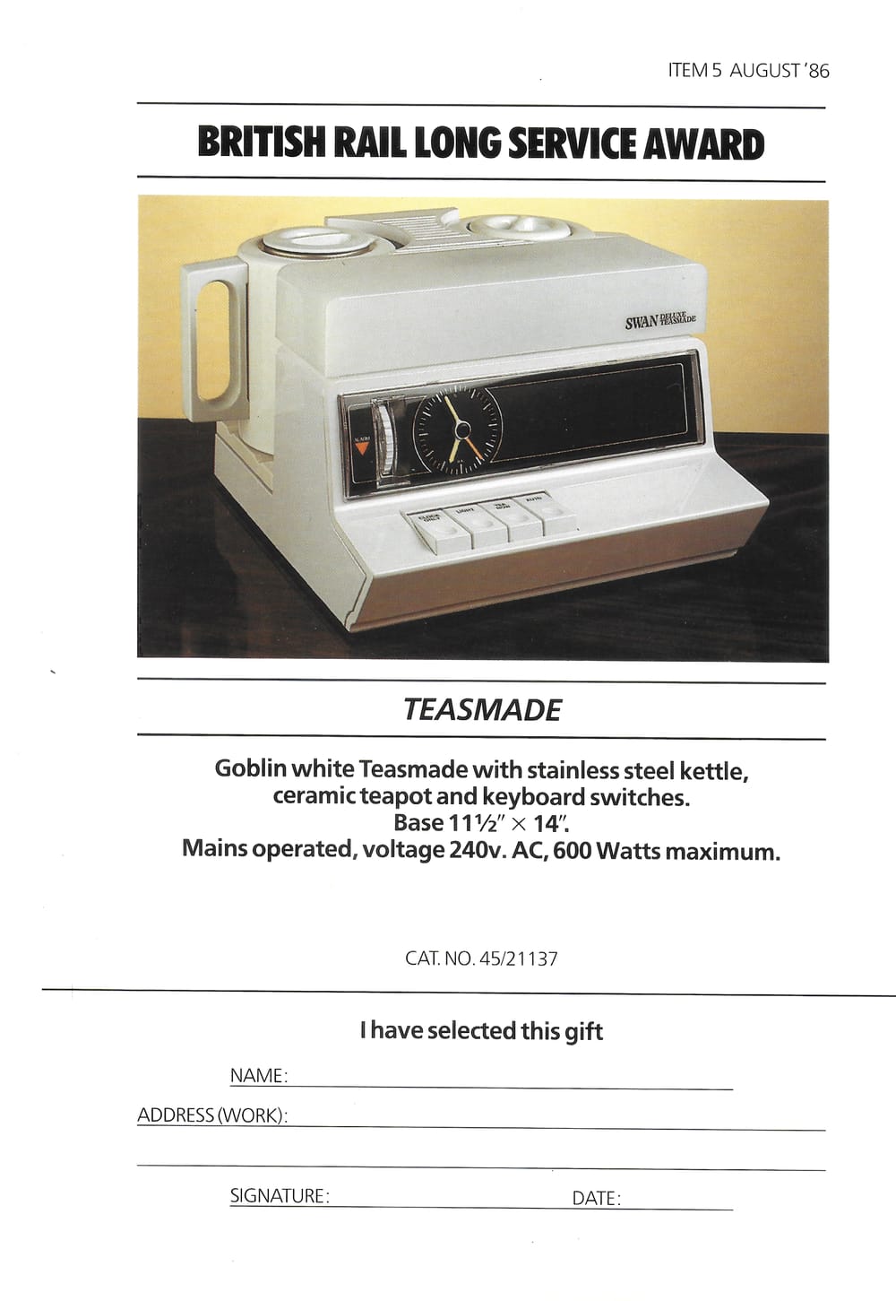 The teasmade as a British Rail Long Service Award